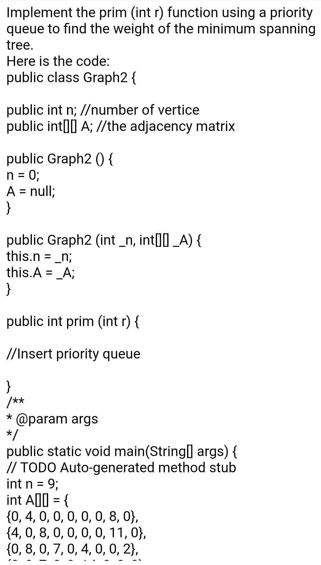 Solved Implement the prim (int r) function using a priority | Chegg.com