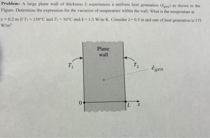 Solved Problem: A large plane wall of thickness L | Chegg.com