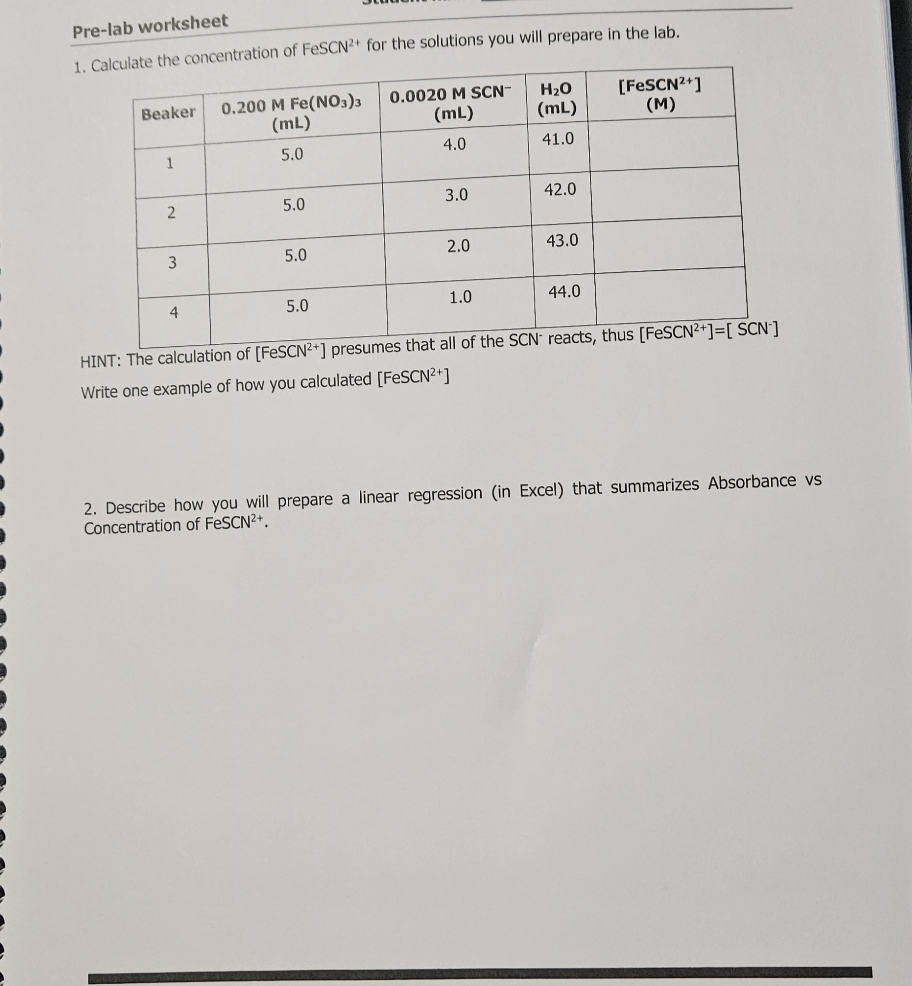 Solved Pre-lab worksheetCalculate the concentration | Chegg.com