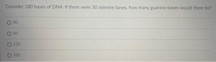 Solved Consider 180 bases of DNA. If there were 30 adenine | Chegg.com