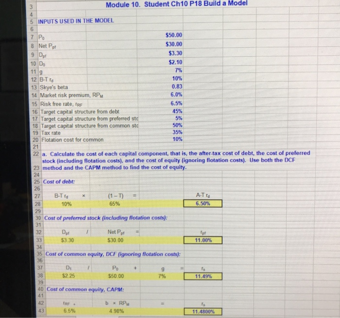 Solved Module 10. Student Ch10 P18 Build a Model INPUTS USED | Chegg.com