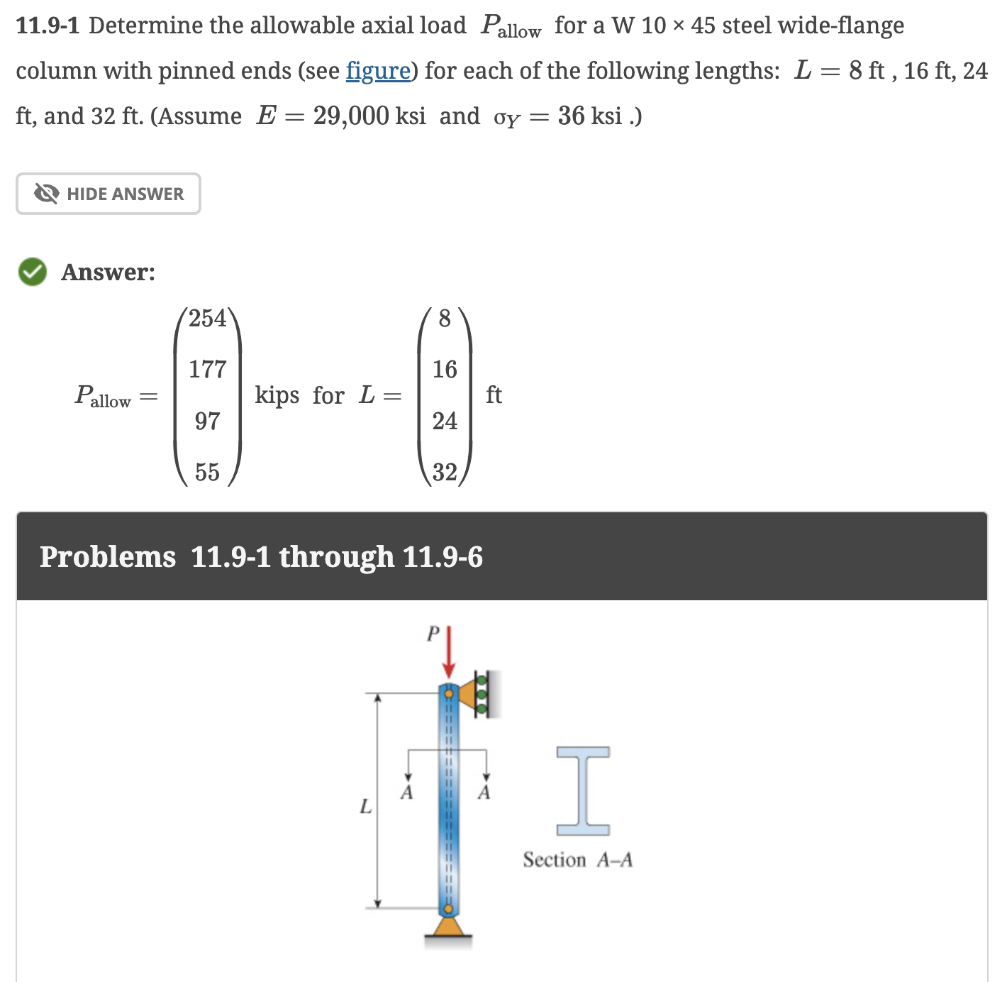 Solved 11.9-1 ﻿Determine the allowable axial load Pallow | Chegg.com