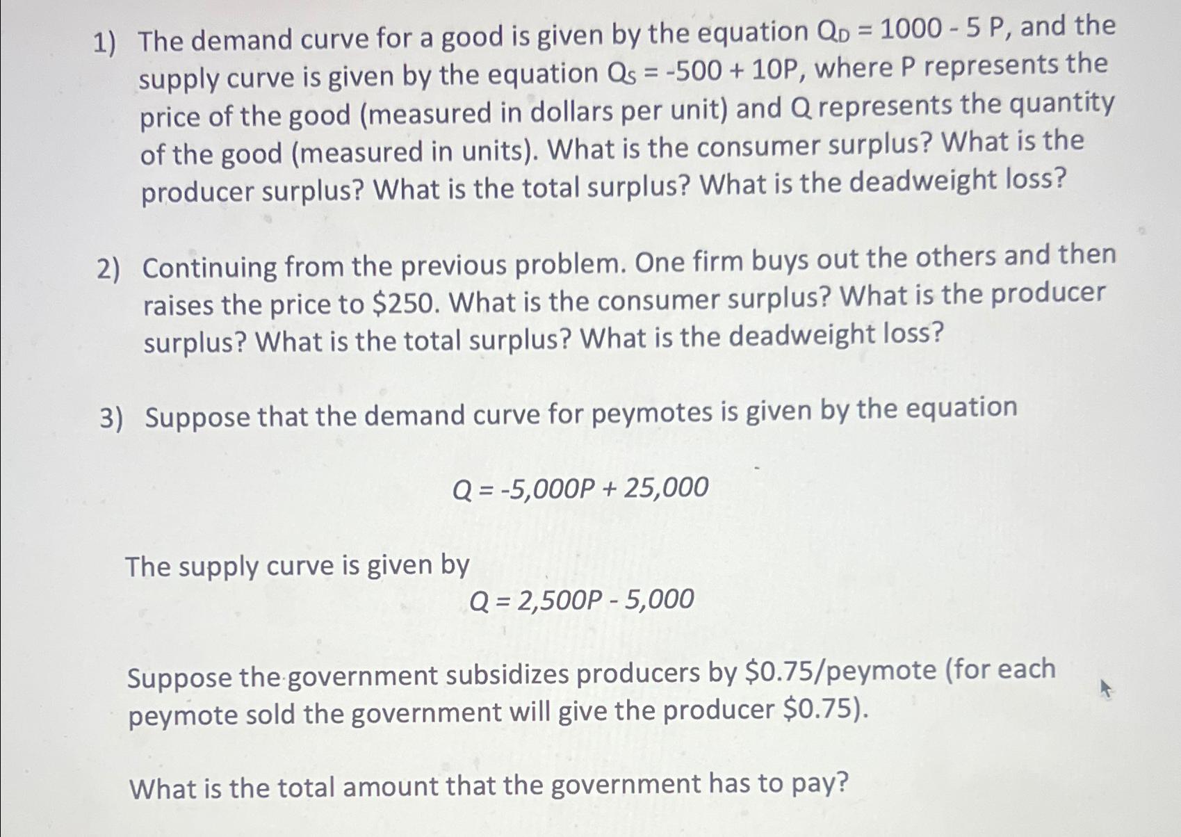 Solved The demand curve for a good is given by the equation | Chegg.com