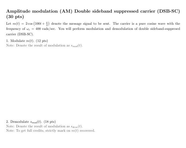 Solved Amplitude modulation (AM) Double sideband suppressed | Chegg.com