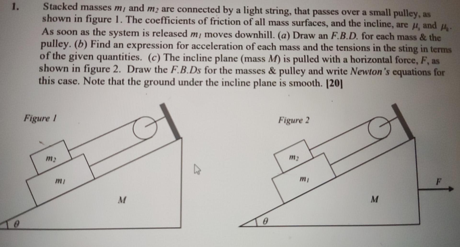 Solved 1. Stacked masses m/ and m2 are connected by a light | Chegg.com