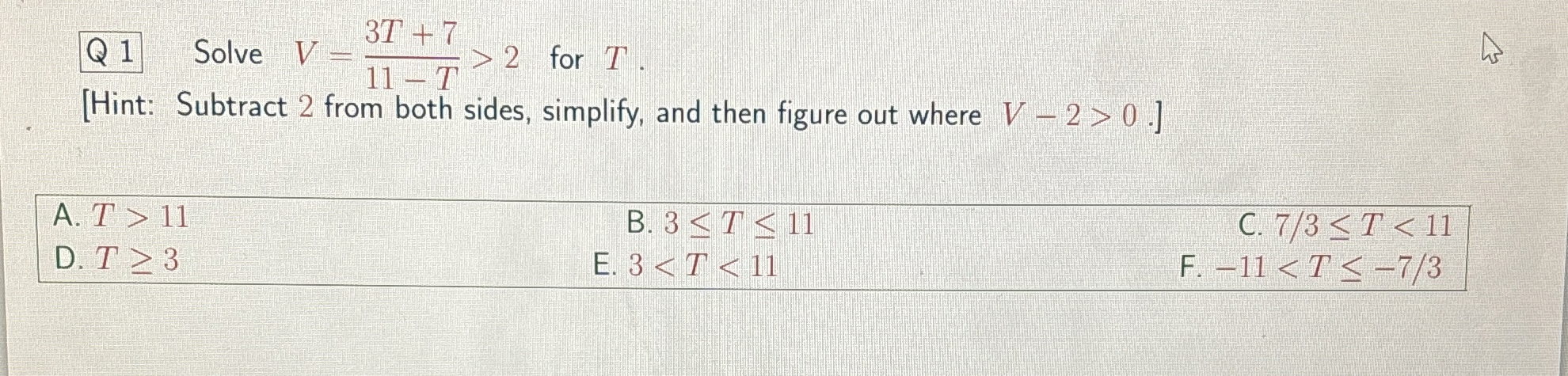 Solved Q1 ﻿Solve V=3T+711-T>2 ﻿for T.[Hint: Subtract 2 ﻿from | Chegg.com