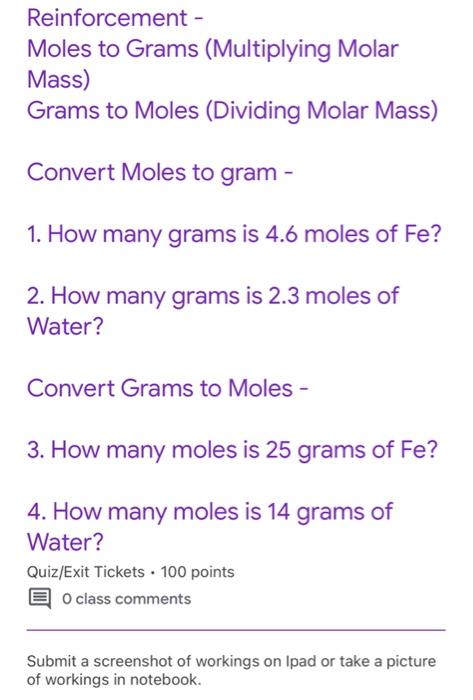 Solved Reinforcement - Moles to Grams (Multiplying Molar | Chegg.com