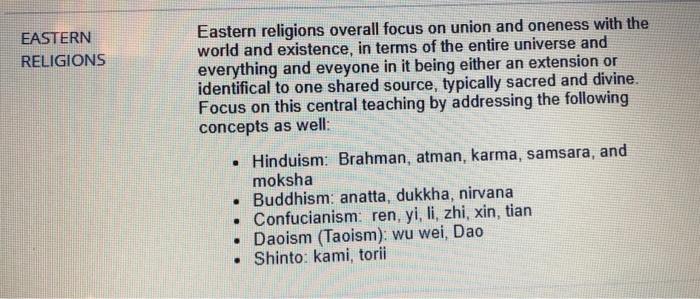 Eastern religions overall focus on union and oneness | Chegg.com