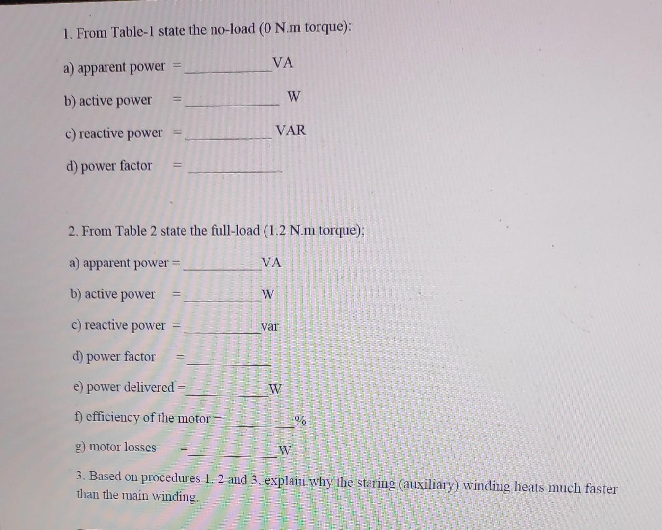 Solved Data Table-11. From Table-1 state the no-load (0 N.m | Chegg.com
