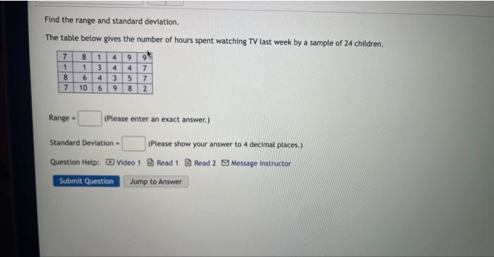 Solved Find the range and standard deviation. The table | Chegg.com