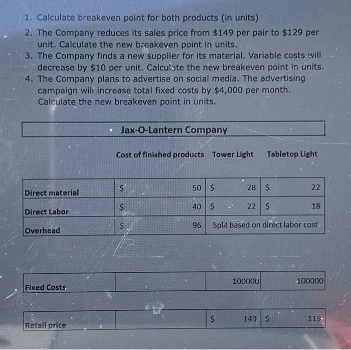 Solved 1. Calculate breakeven point for both products (in | Chegg.com