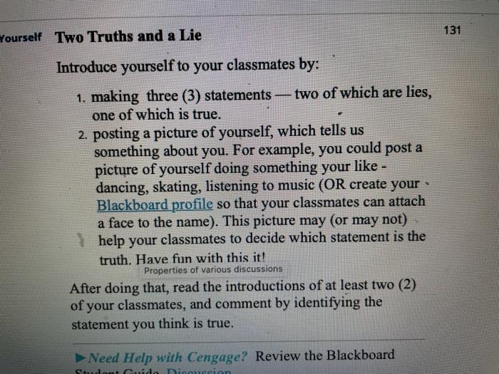 Solved 131 Yourself Two Truths and a Lie Introduce yourself | Chegg.com
