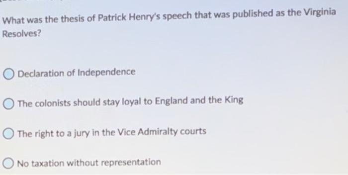 What was the thesis of Patrick Henry's speech that | Chegg.com