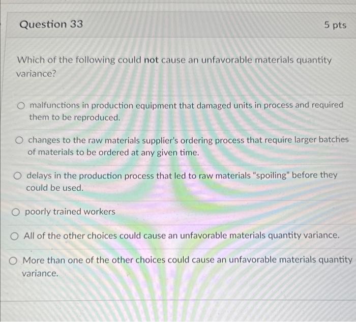 Solved Which of the following could not cause an unfavorable | Chegg.com
