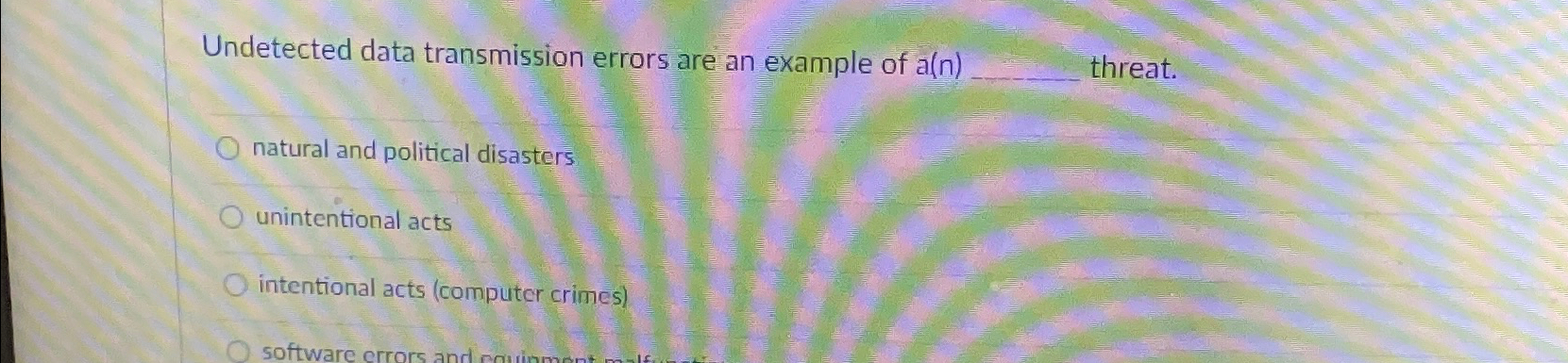 Solved Undetected data transmission errors are an example of | Chegg.com
