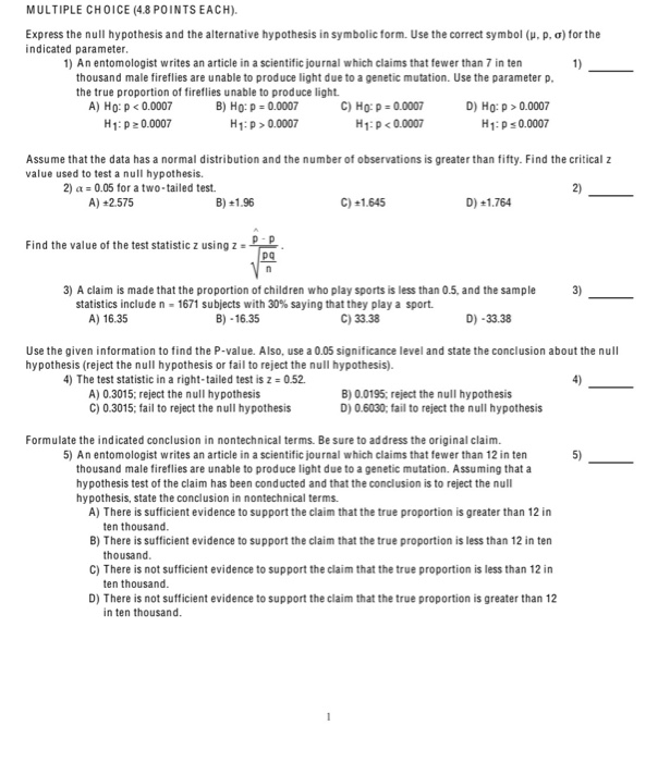 Solved MULTIPLE CHOICE (4.8 POINTS EACH). Express the null | Chegg.com