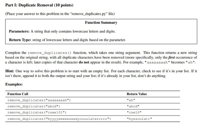 Solved Part I: Duplicate Removal (10 points) (Place your | Chegg.com