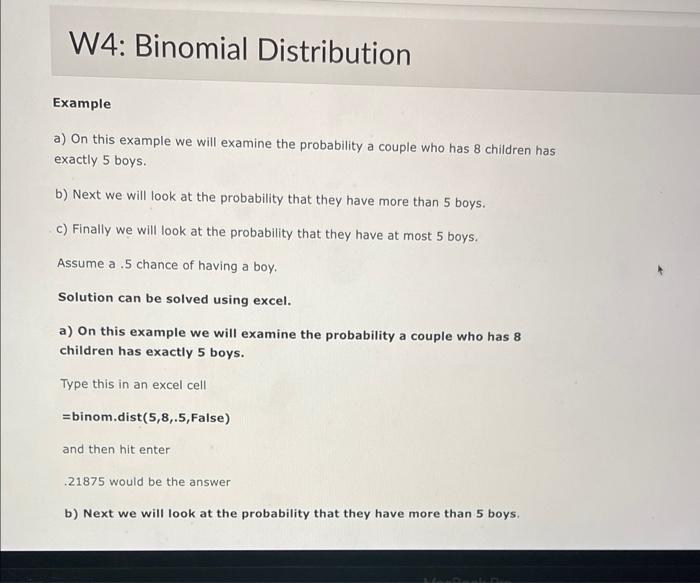 Solved W4: Binomial Distribution Example a) On this example | Chegg.com
