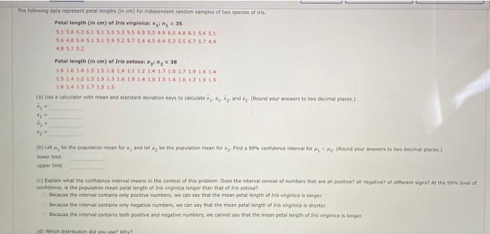 Solved The following data represent petal lengths in my for | Chegg.com