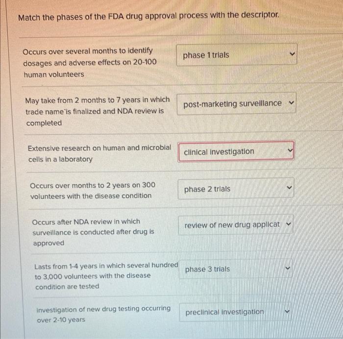 Solved Match the phases of the FDA drug approval process | Chegg.com