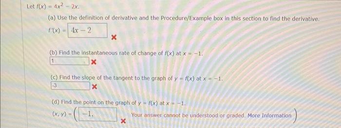 Solved f(x)=4x2−2x. (a) Use the definition of derivative and | Chegg.com