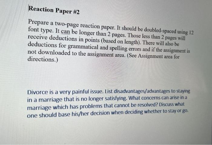 Reaction Paper \#2 Prepare a two-page reaction paper. | Chegg.com