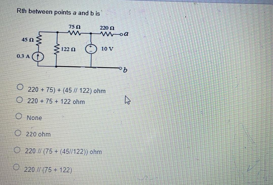 Solved Rth between points a and b ﻿is220+75 ﻿ohm220+75+122 | Chegg.com