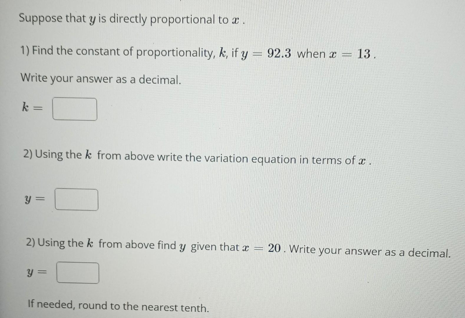 Solved suppose that y is directly proportional to x. 1) Find | Chegg.com