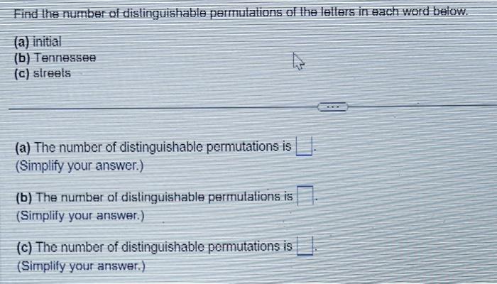 Solved Find the number of distinguishable permulalions of | Chegg.com