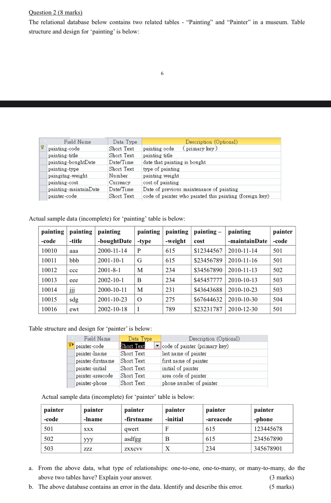 Solved Question 2 (8 ﻿marks)The relational database below | Chegg.com