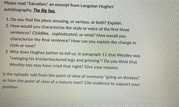 Solved Please read "Salvation," an excerpt from Langston | Chegg.com
