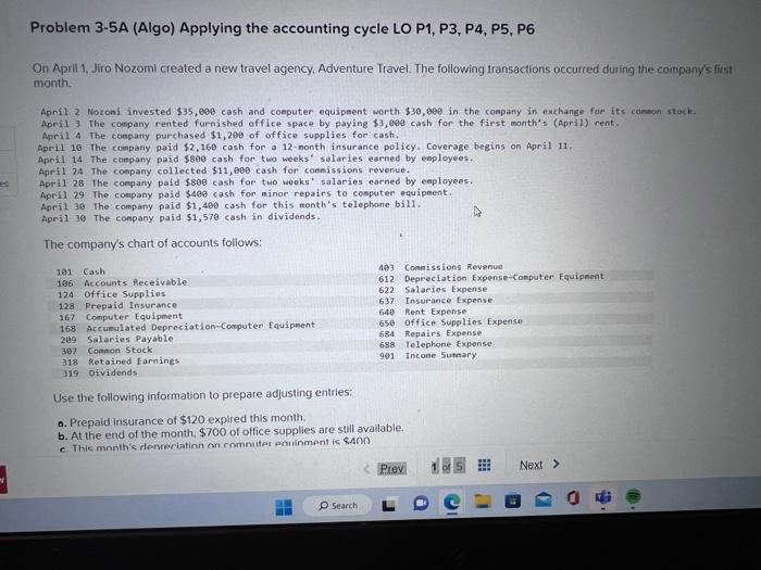 Solved Problem 3-5A (Algo) Applying the accounting cycle LO | Chegg.com
