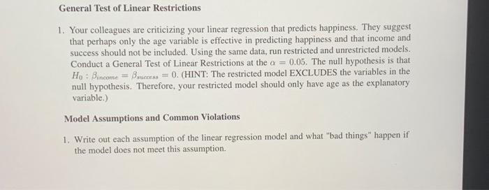 Solved General Lest Or Linear Restrictions 1 Your 8783