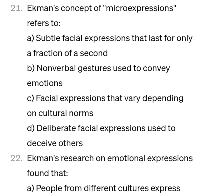 Ekman's concept of "microexpressions" refers to:a) | Chegg.com
