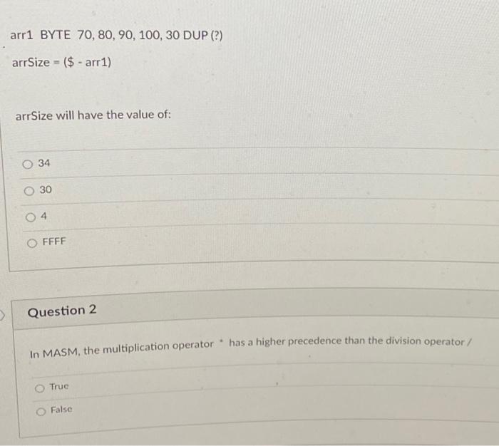 Solved arr1 BYTE 70,80,90,100,30 DUP (?) arrSize=($−arr1) | Chegg.com
