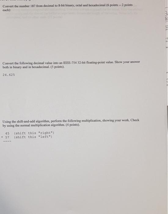 Solved Convert the number 187 from decimal to 8-bit binary, | Chegg.com