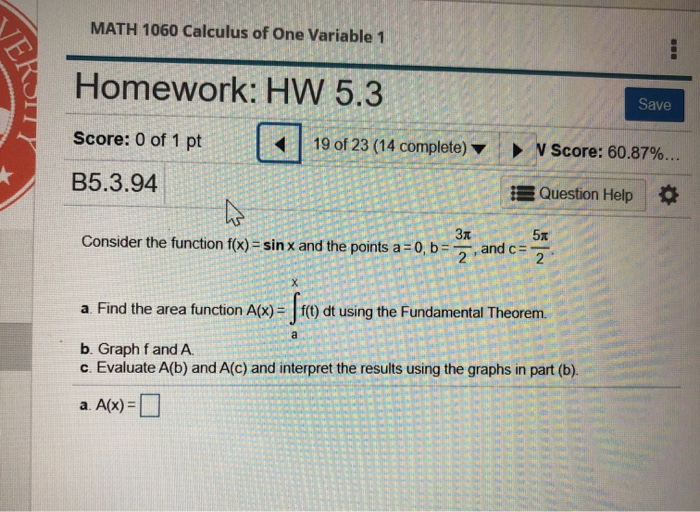 Solved MATH 1060 Calculus of One Variable 1 Save Homework: | Chegg.com