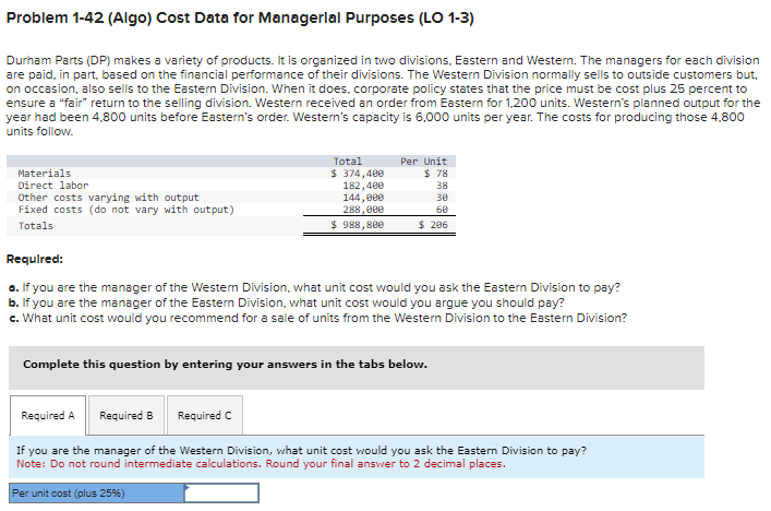 Solved Problem 1-42 (Algo) ﻿Cost Data for Managerlal | Chegg.com