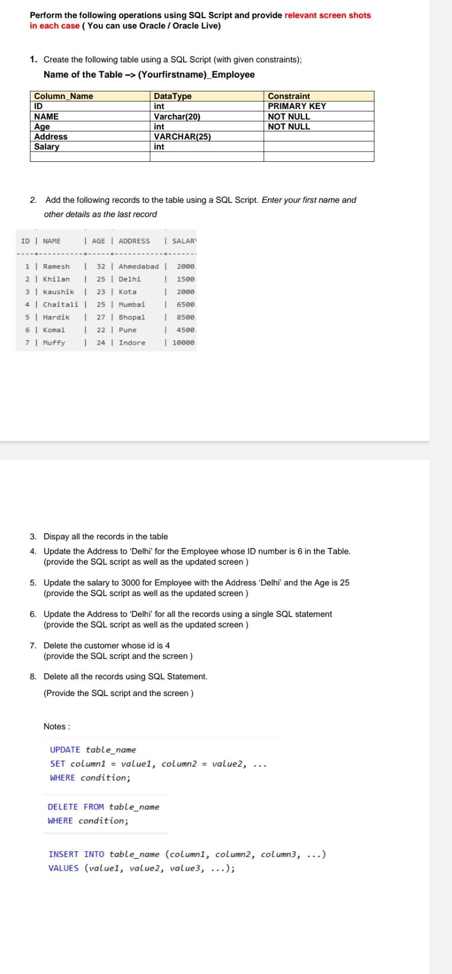 Solved Perform the following operations using SQL Script and | Chegg.com