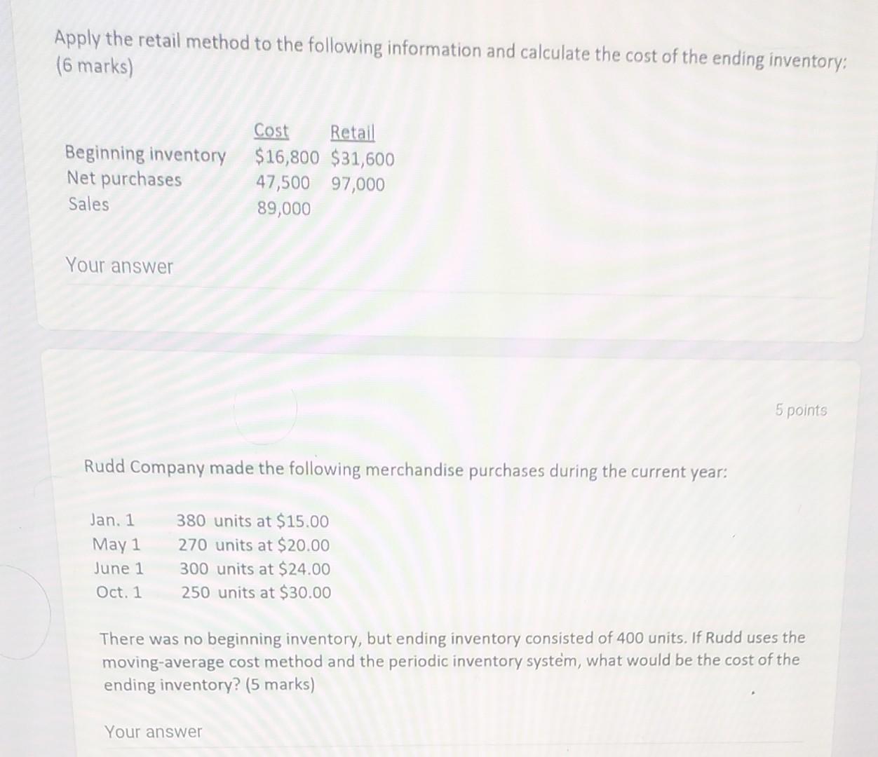 Solved Apply the retail method to the following information | Chegg.com