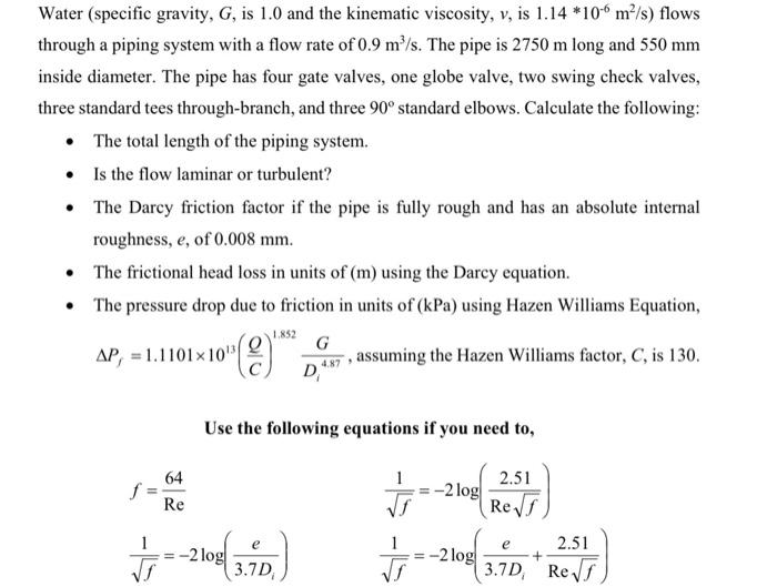Solved Water (specific gravity, G, is 1.0 and the kinematic | Chegg.com