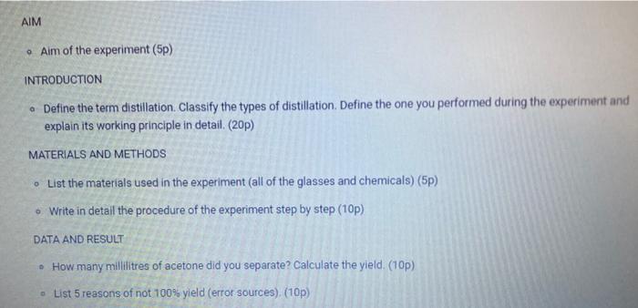 Solved - Aim of the experiment (5p) INTRODUCTION Define the | Chegg.com