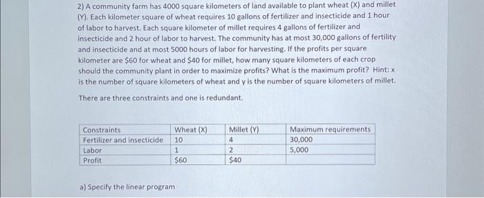 Solved 2) A community farm has 4000 square kilometers of | Chegg.com
