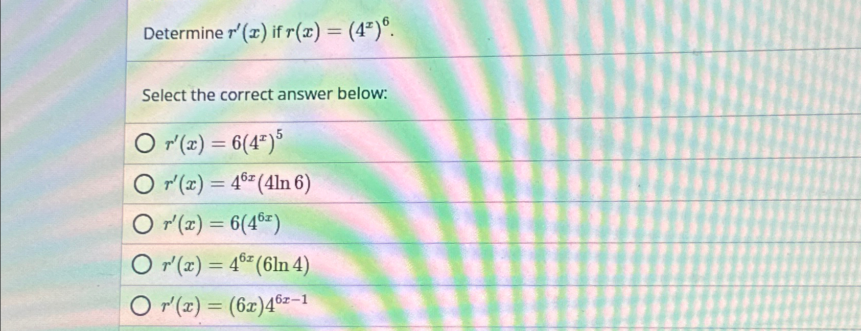 Solved Determine r'(x) ﻿if r(x)=(4x)6.Select the correct | Chegg.com
