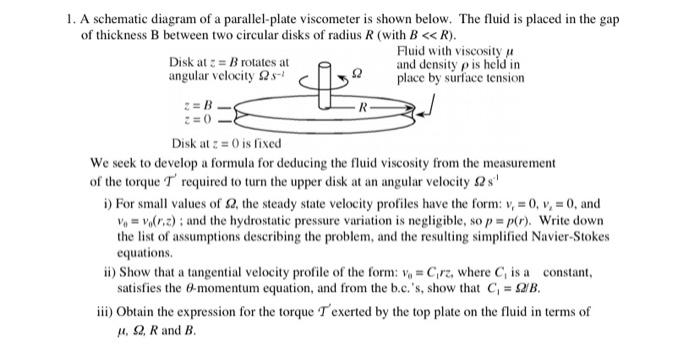 Solved 1. A schematic diagram of a parallel-plate viscometer | Chegg.com