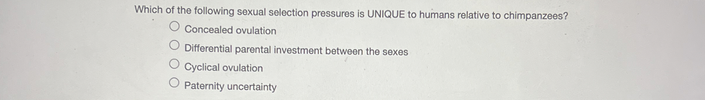 Solved Which of the following sexual selection pressures is | Chegg.com
