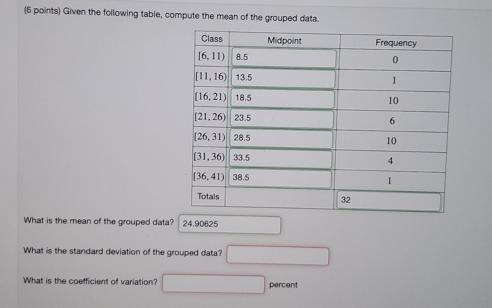 Solved (6 points) Given the following table, compute the | Chegg.com