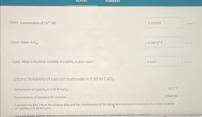 Solved Report Table KSP.1: Titation Data (calcium hydroxide | Chegg.com