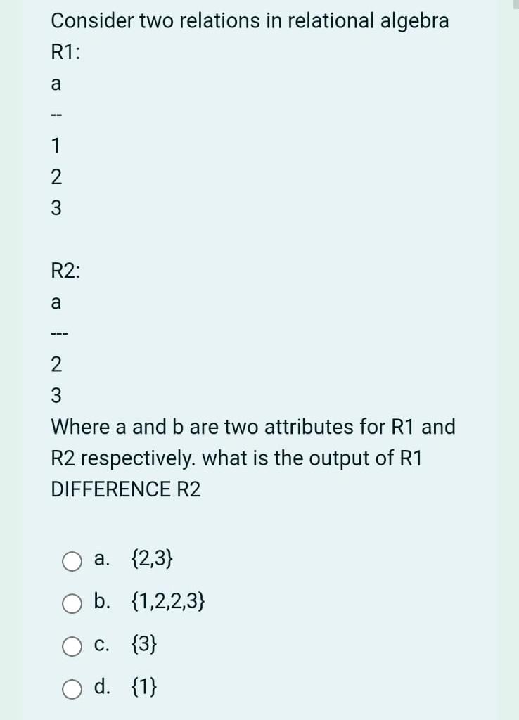Solved Consider two relations in relational algebra R1: a -- | Chegg.com