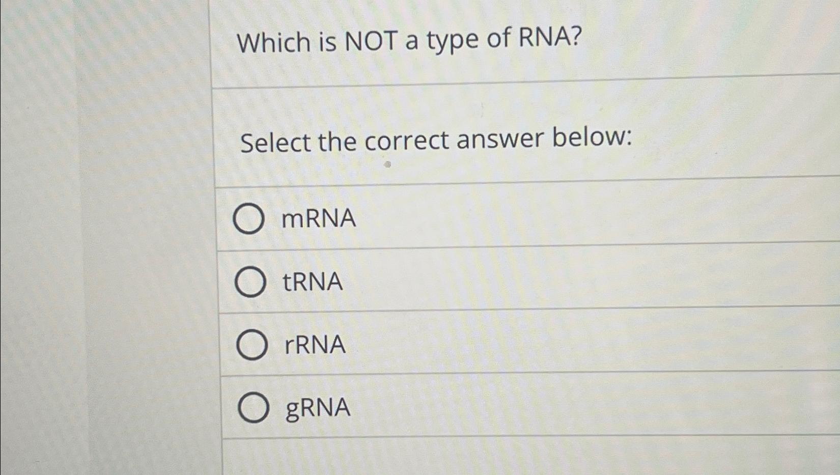 Solved Which is NOT a type of RNA?Select the correct answer | Chegg.com